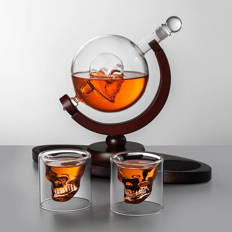 Novelty Gift Clear Glass Skeleton Whiskey Globe Decanter And Double ...