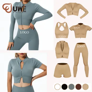 Women 6 Piece Ribbed Zipper Activewear Jogger Seamless Sportswear ...