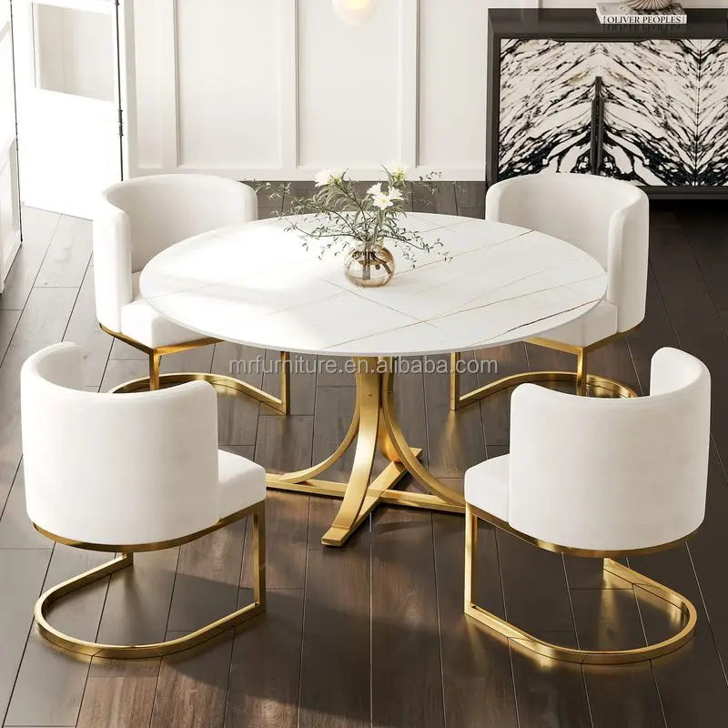 Modern Round Marble Dining Table With Set Of 4 White Velvet Barrel