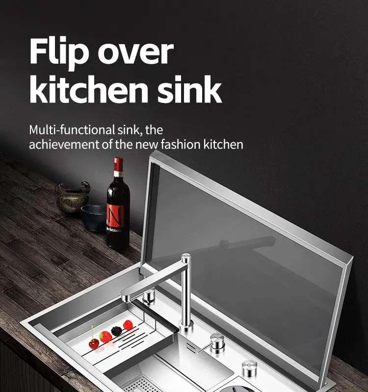 CE Sliver Hidden Flip Panel Kitchen Sink Intelligent Faucet Cup Rinser ...