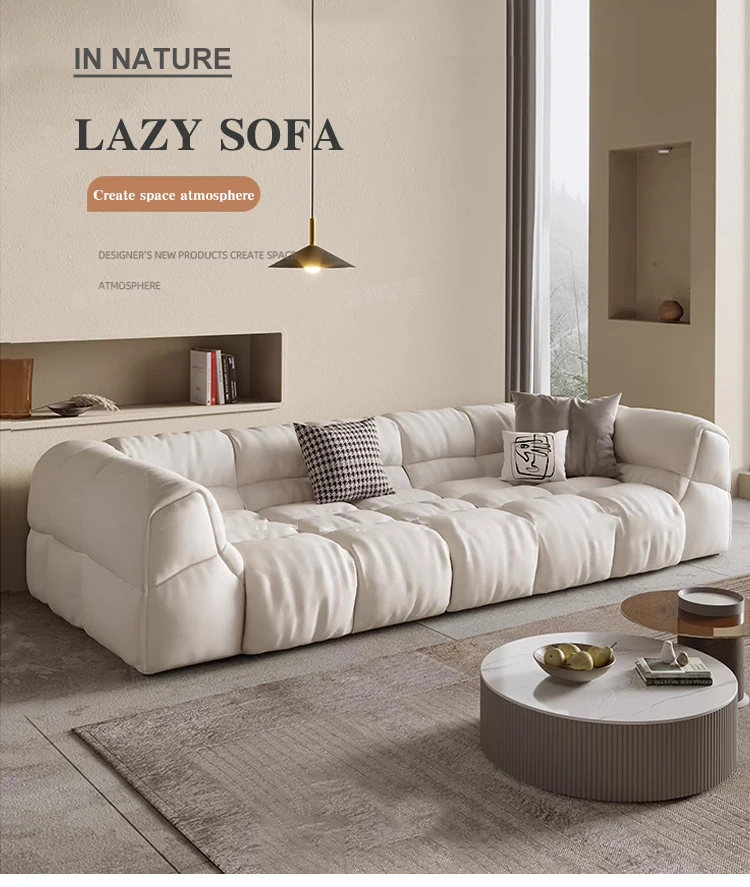 Cream Style Cloud Leather Sofa Small Apartment Living Room First Floor Cowhide Row Multi-Seat ...