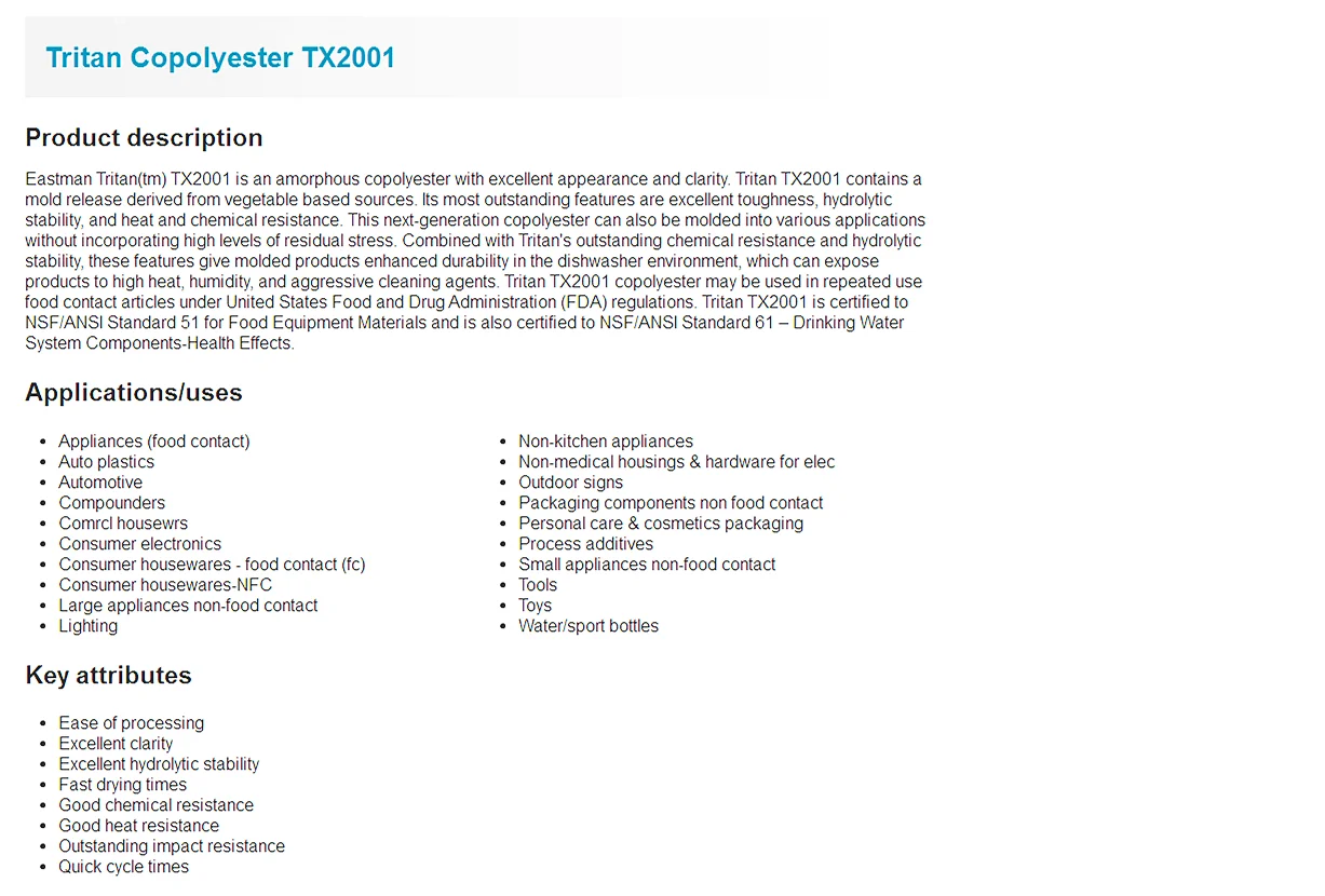 Plastic Raw Materials - PCTG Eastman Tritan(tm) Copolyester TX2001