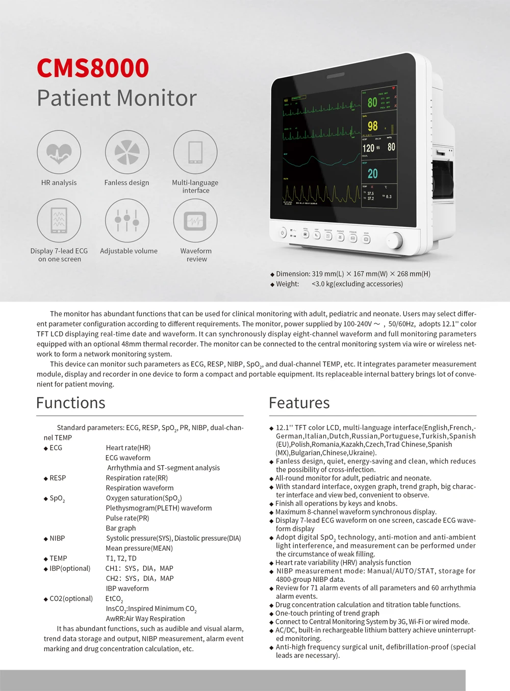 Contec Cms8000-1 Ibp Etco2 Multiparameter Vital Sign Monitor China ...