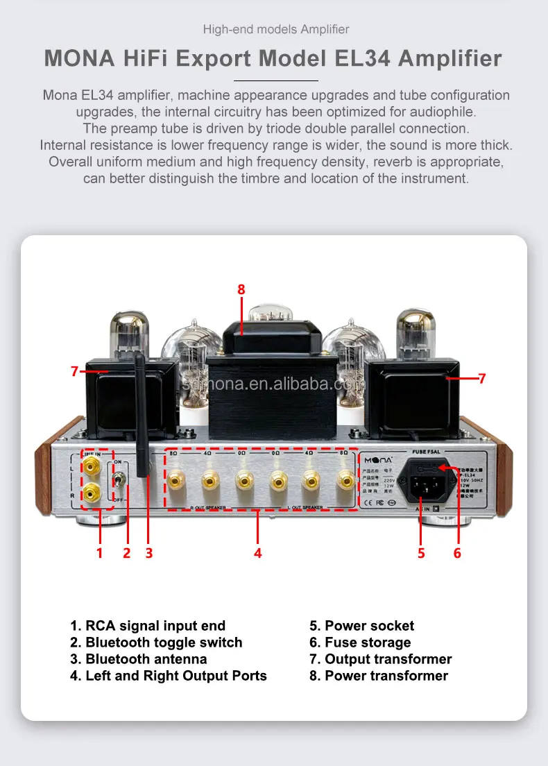 Mona Audiophile High Fidelity EL34 HIFI Tube Amplifier Single-Ended Class a Bluetooth Audio ...