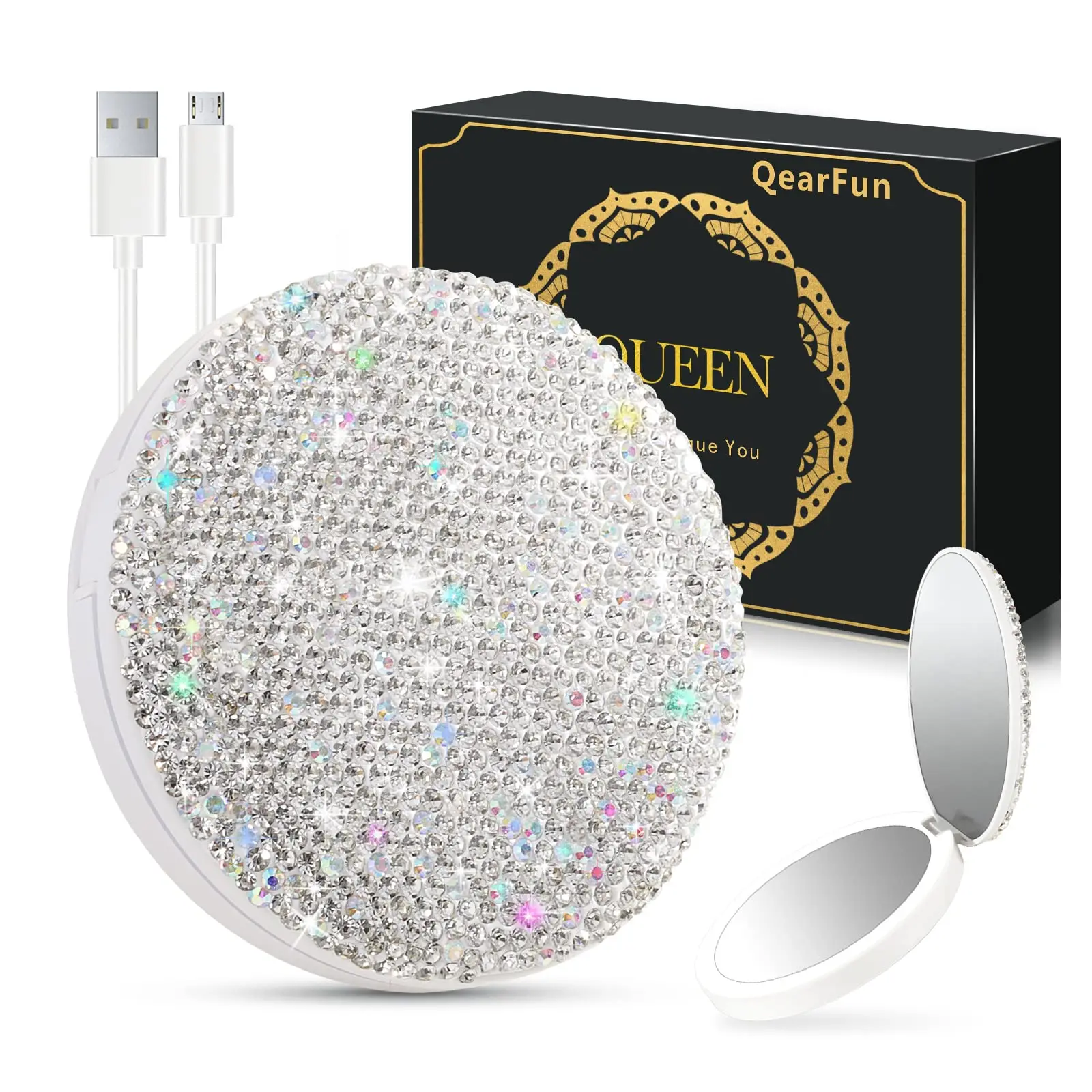 Rhinestone LED Lighted Compact Mirror Bling Portable Travel Makeup ...