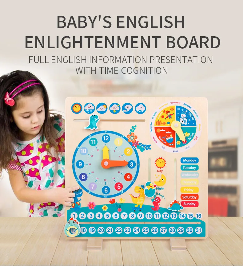 Montessori Educational Dinosaur Clock Board Wooden Children's Teaching ...