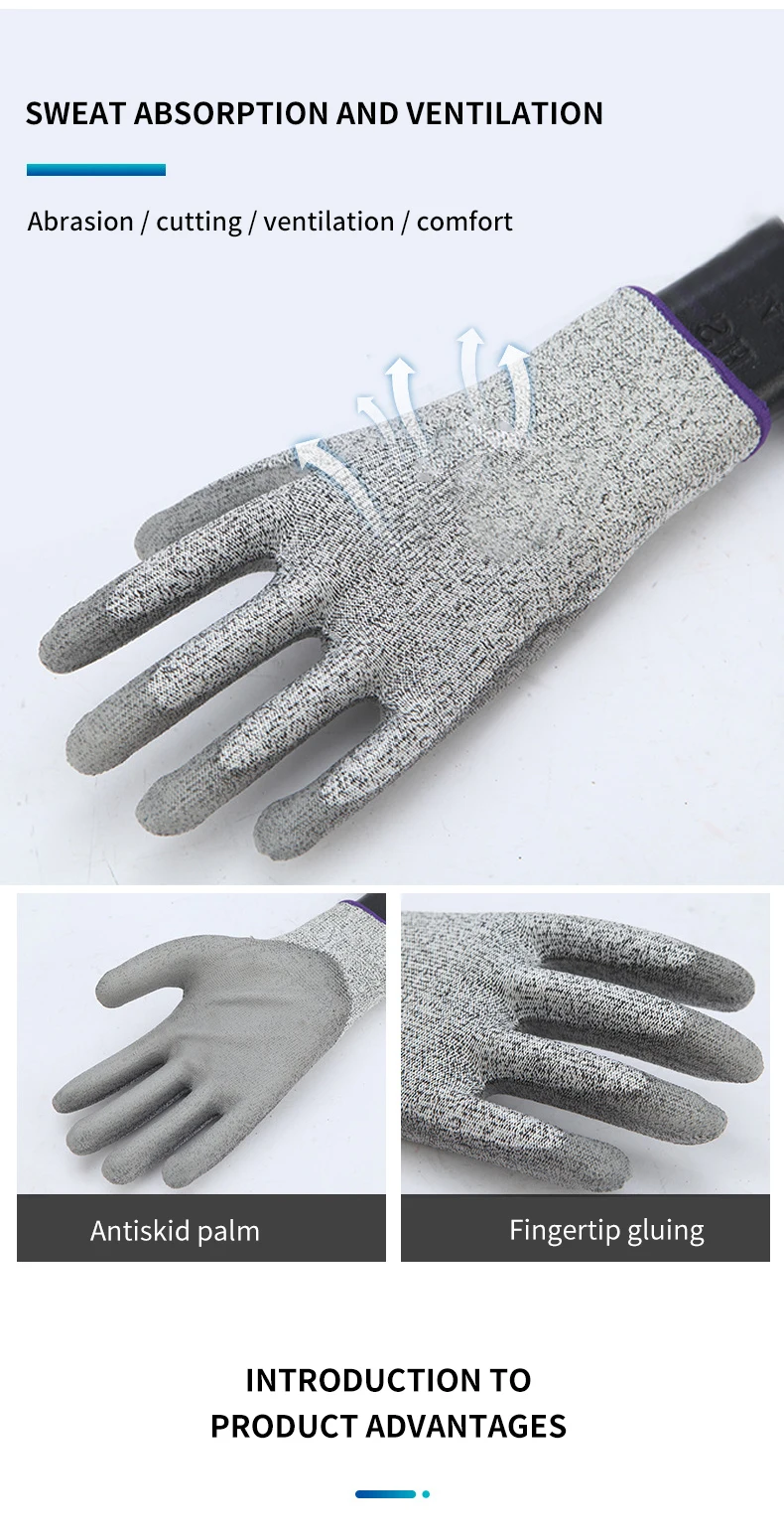 HPPE En388 CE Professional Work Gloves Level 5 Anti-Cut Cut Resistant and Safety Proof PU ...