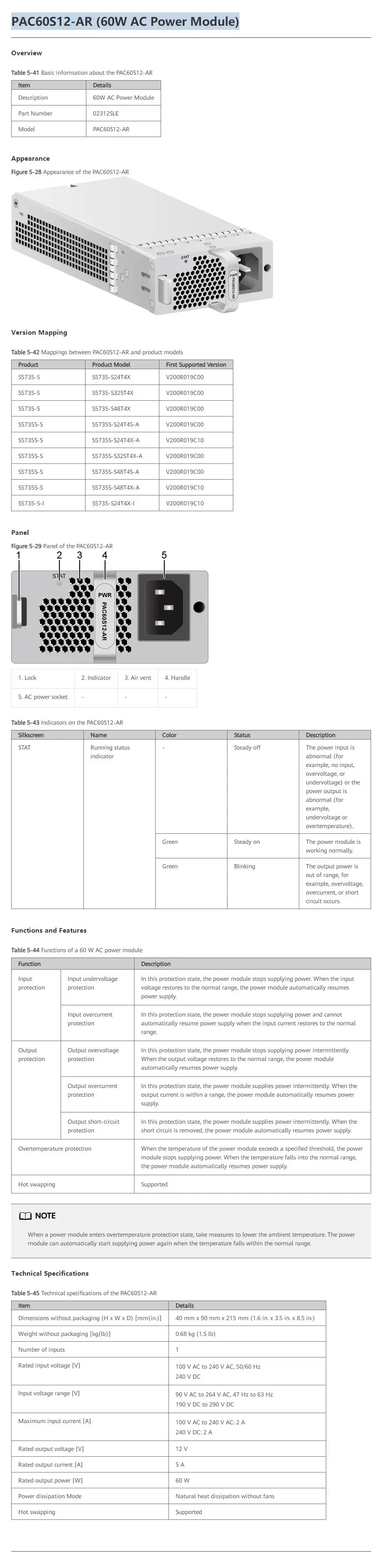 PAC60S12-AR (60W AC Power Module) for Huawei S5700 Series Switches ...
