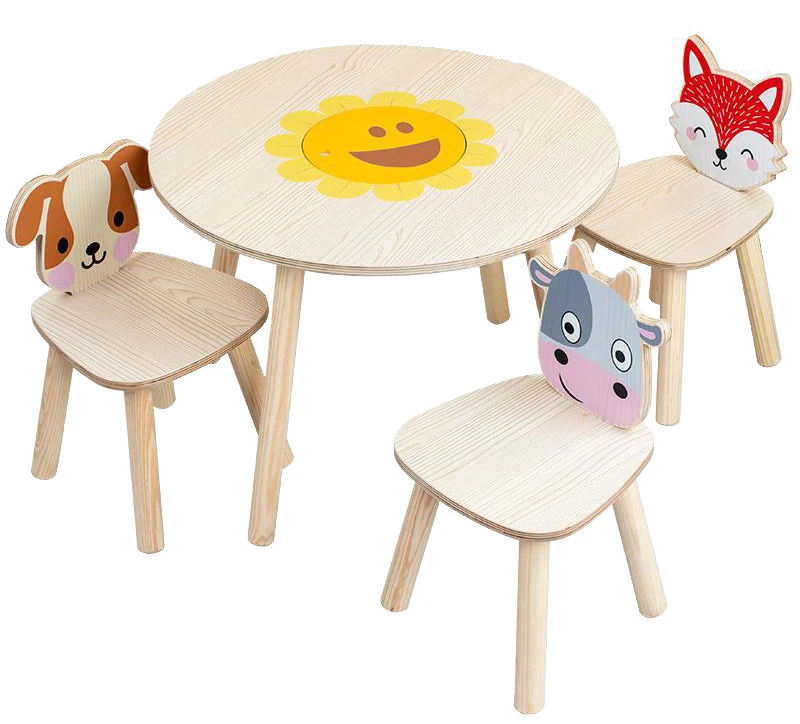 Custom Solid wood Kids round Table Desk With 3 Animal Chairs wooden ...