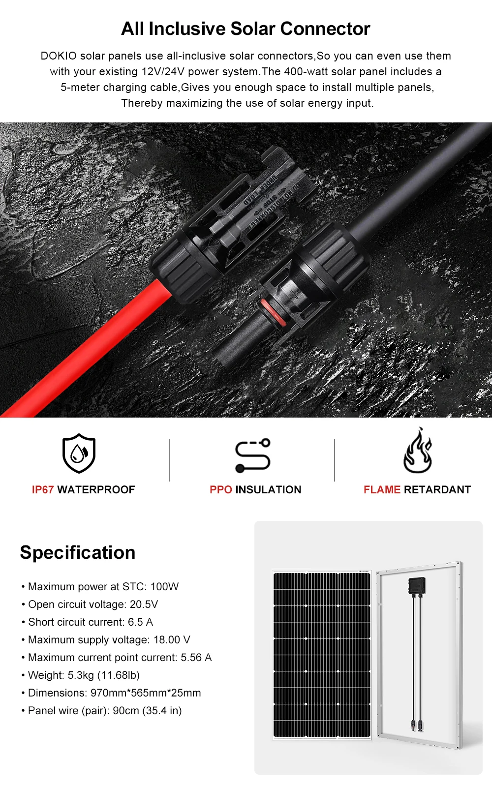 DOKIO 18V 100W Rigid Solar Panel - Efficient & Reliable Power