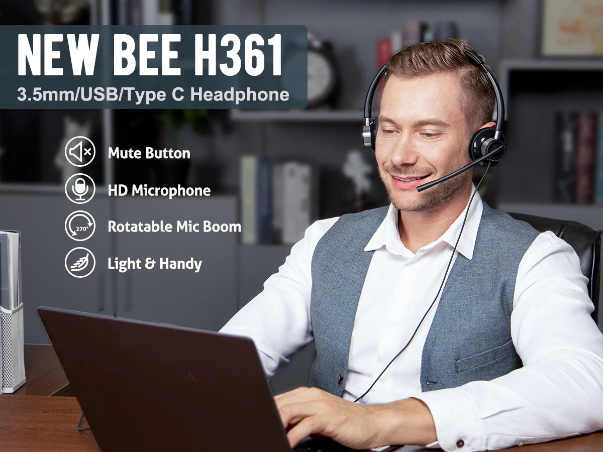 New Bee USB Headset with Microphone for PC 3.5mm Business Headsets with ...