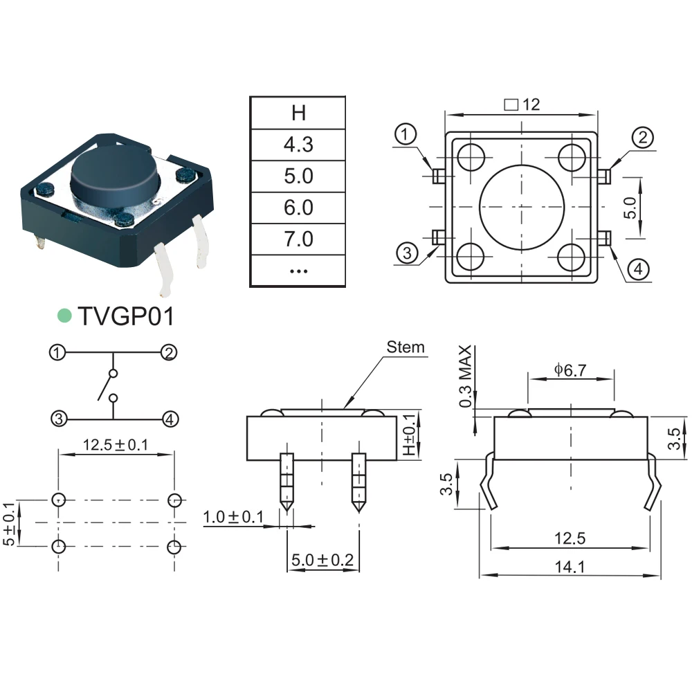 Ruist 12x12mm Tact Switch Mini Push Button Switch 12*12*7.3 Square Head ...