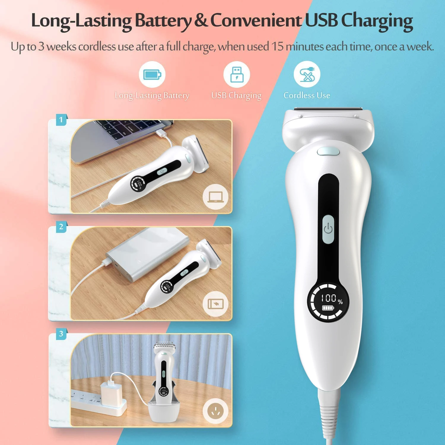 Portable Cordless Rechargeable Lady Epilator Electric Hair Removal For ...