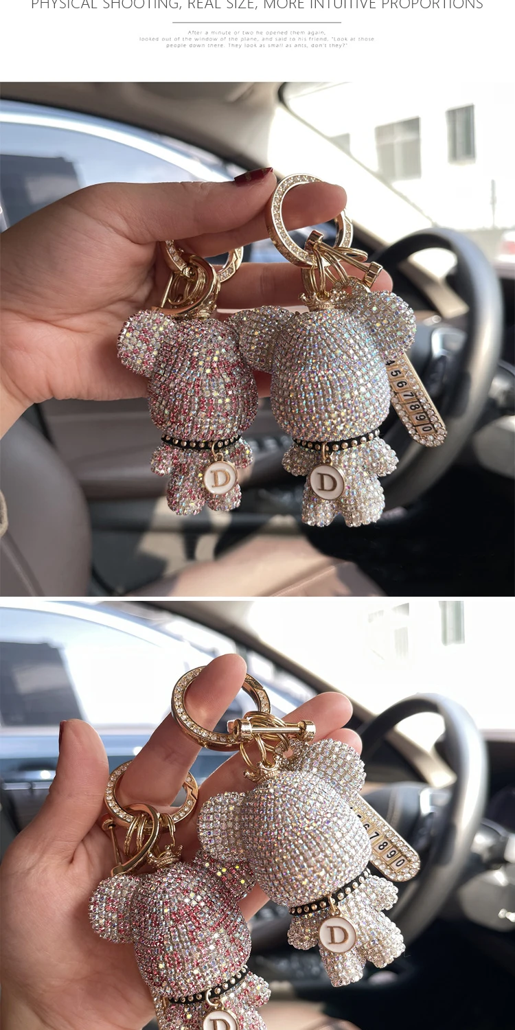Bling Rhinestone Bear Keychain Cartoon Anti-lost Number Plate Crown ...