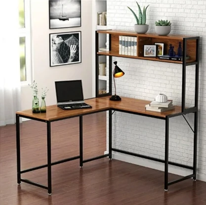 Modern L-shaped Home Office Metal Computer Table Wood Panels Modular ...