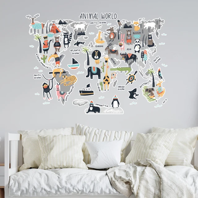 Scandinavian Animals World Map School Nursery Children's Room Colorful ...