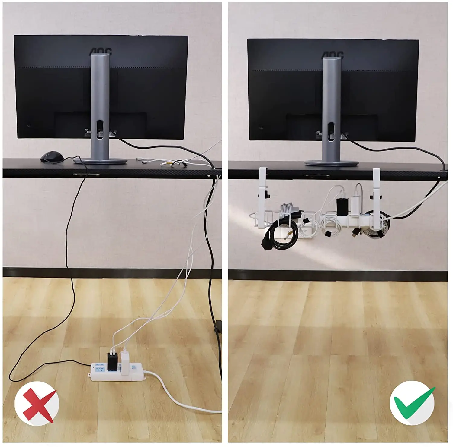 Under Desk No Drill Adjustable Sturdy Cable Management Tray Metal Cord ...