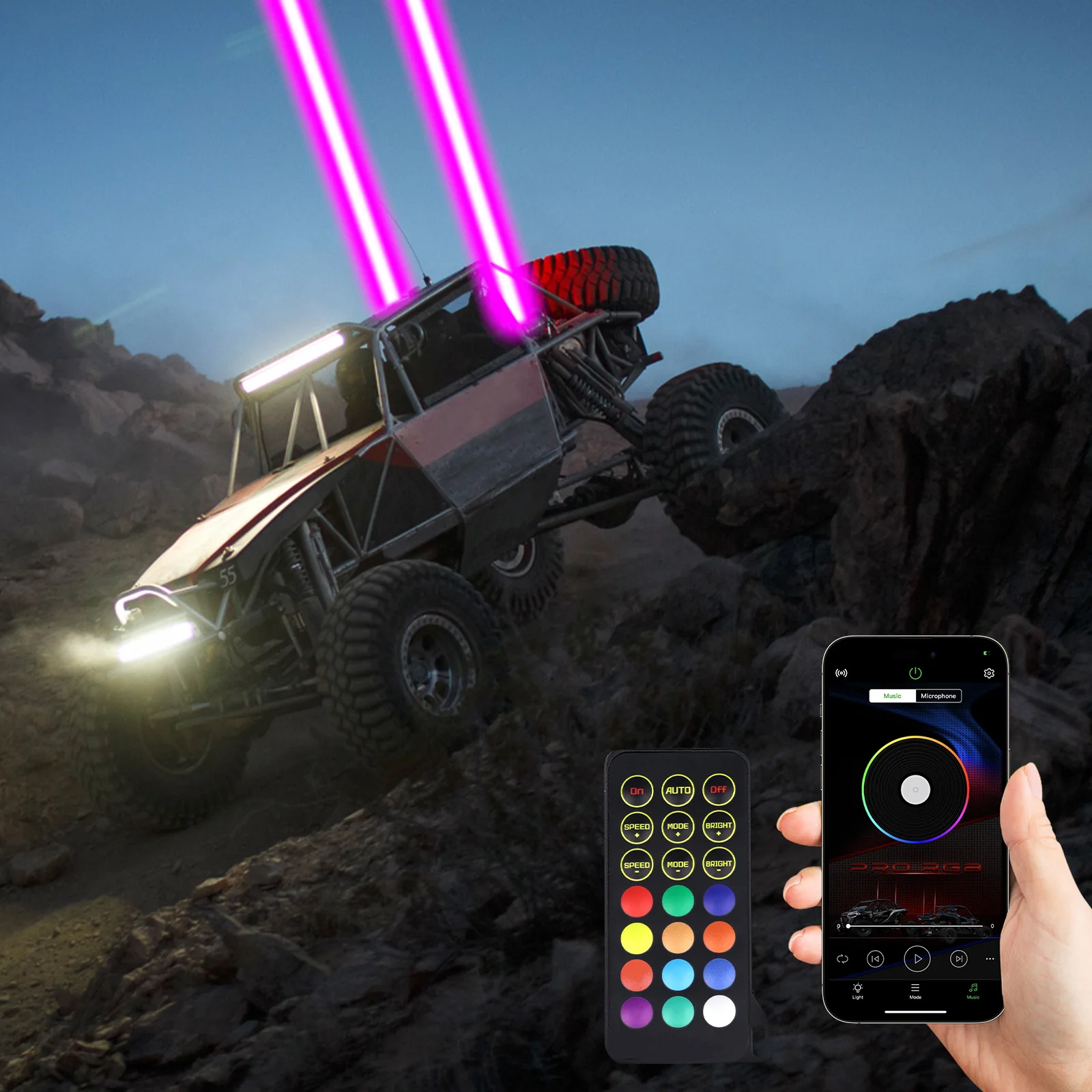 UTV Bright Laser Whip Lights - RGBW Laser Pod Antenna