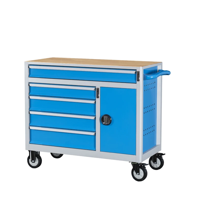 Blue Tool Storage Cart Heavy Duty Workshop 1 Door 5 Drawer Mobile Tool ...