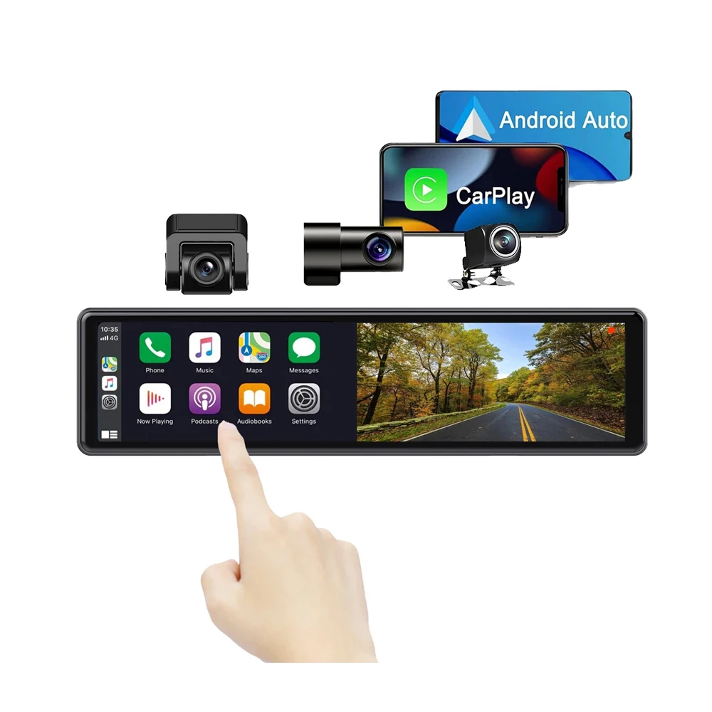 Dash Cam Wifi Wireless Carplay & Android Auto 1440p 3 Cameras Rearview ...