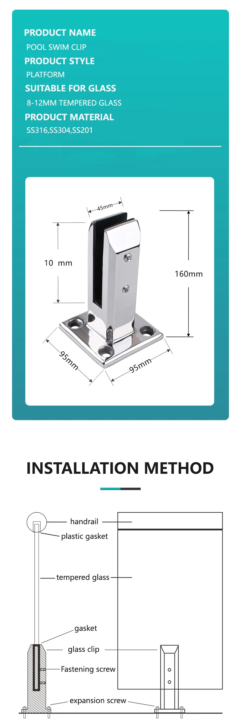 Glass Spigot Base Railing Outdoor Indoor Stainless Steel Glass Clip ...