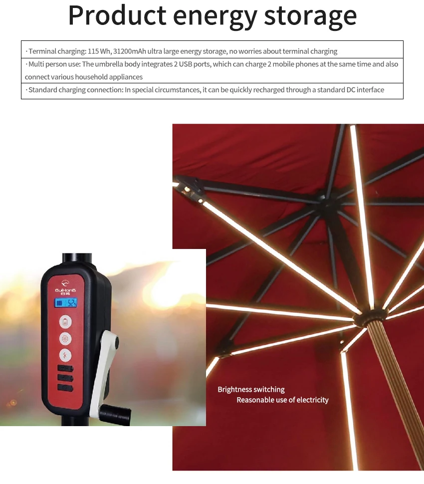Outdoor Patio Solar Power Umbrella Red & Green Hybrid System for Beach ...