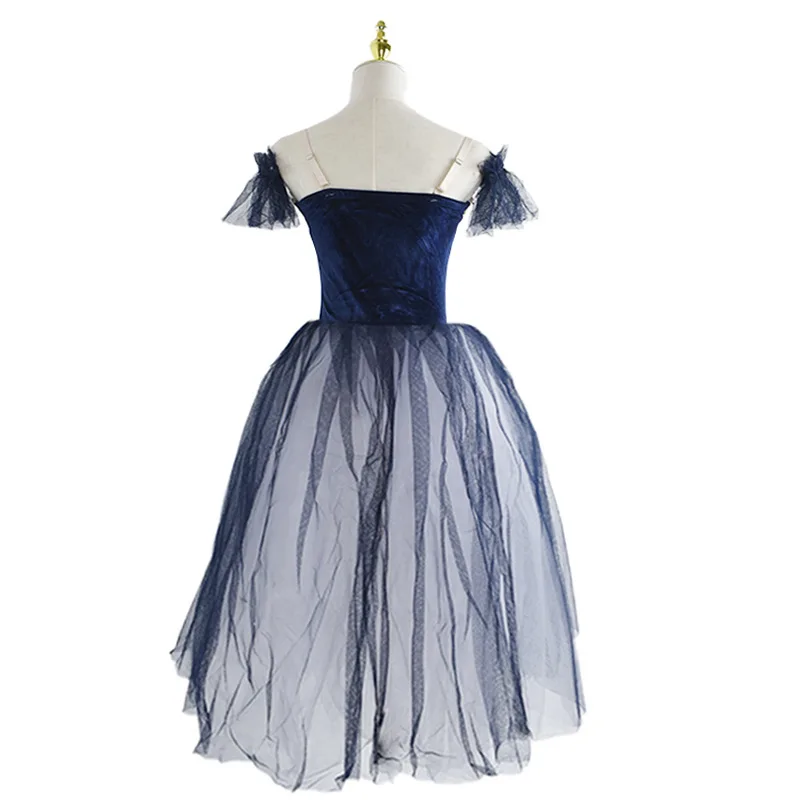 My557 Blue Velvet Girl Performance Dress Gold Sequin Ballet Dance Dress ...