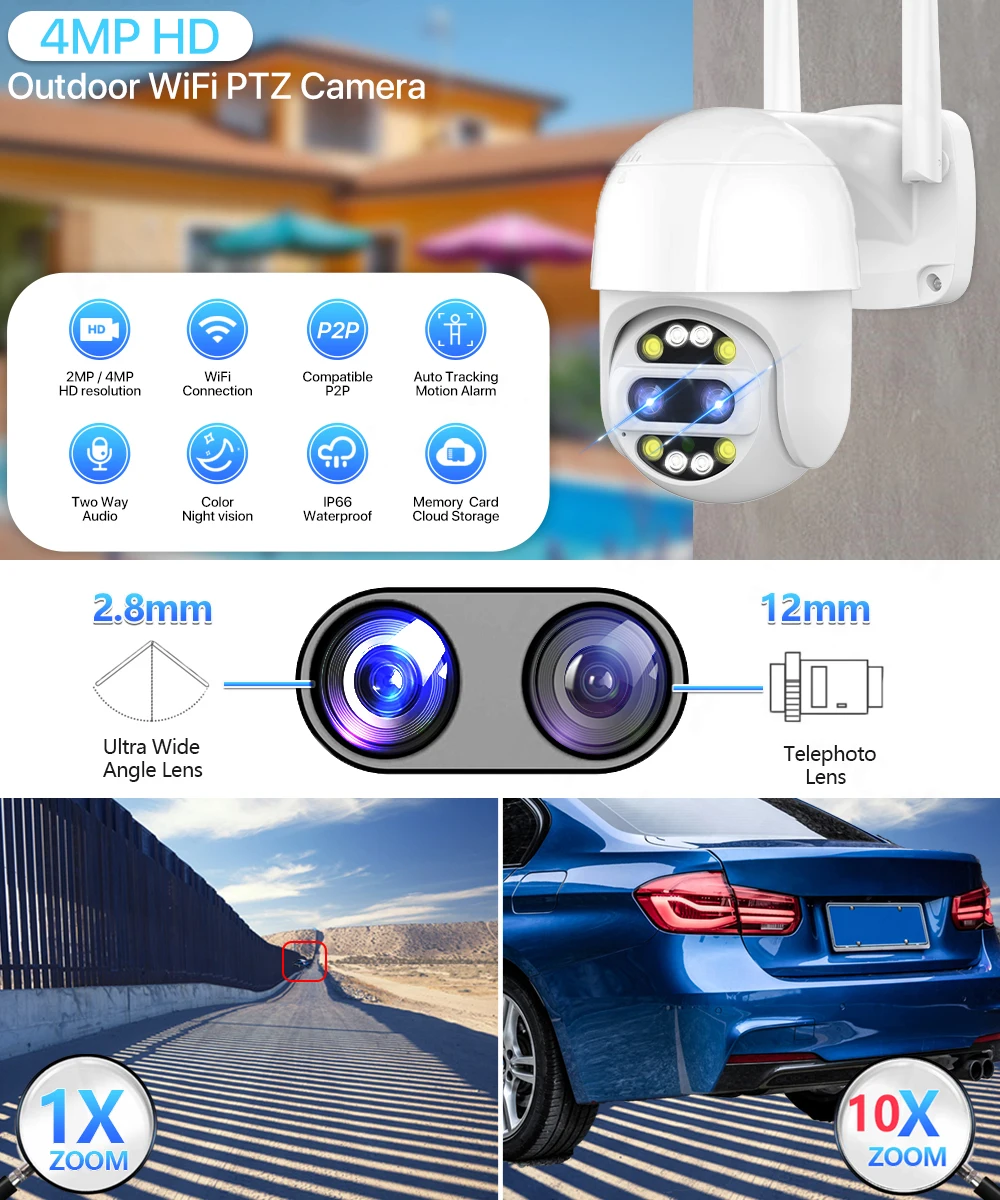 全彩10X 4MP Icsee智能双镜头网络Wifi IP安全无线PTZ摄像机| Alibaba.com