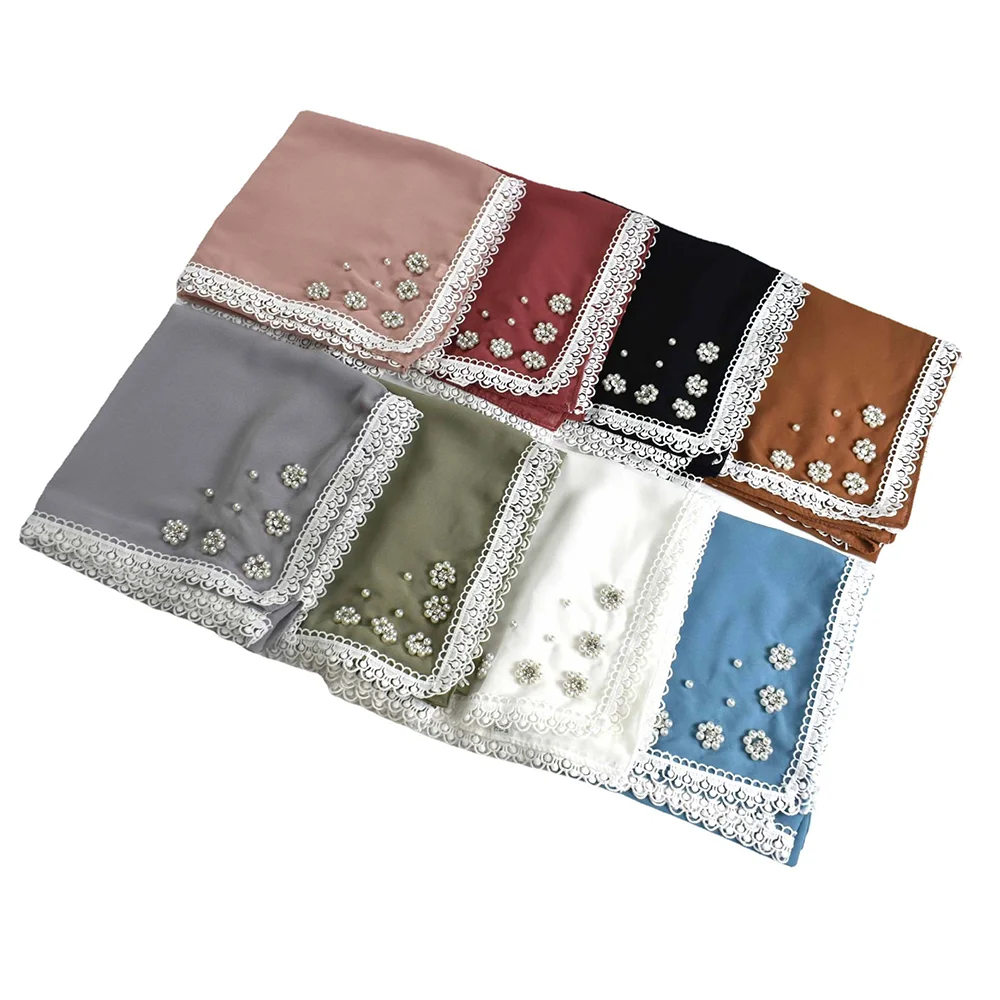 Newest Square Chiffon Hijab Scarf Lace Pearl Islamic Headscarf Malay ...