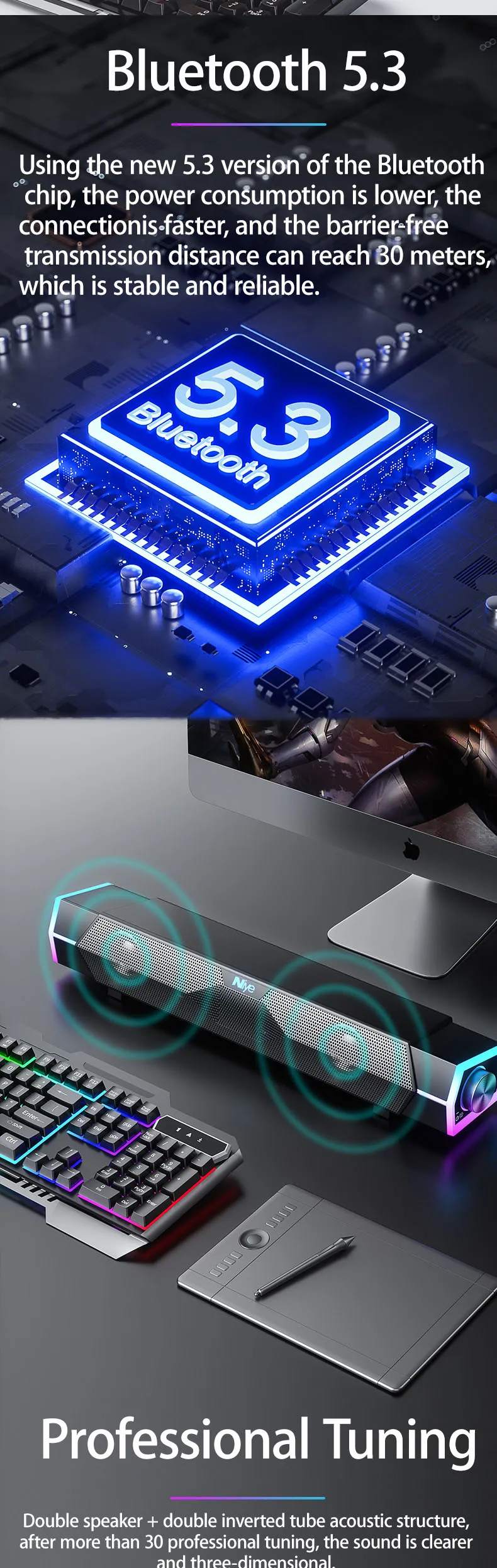 New Home Compact BT5.3 Game Three Light up Modes Cool HIFI Wireless ...