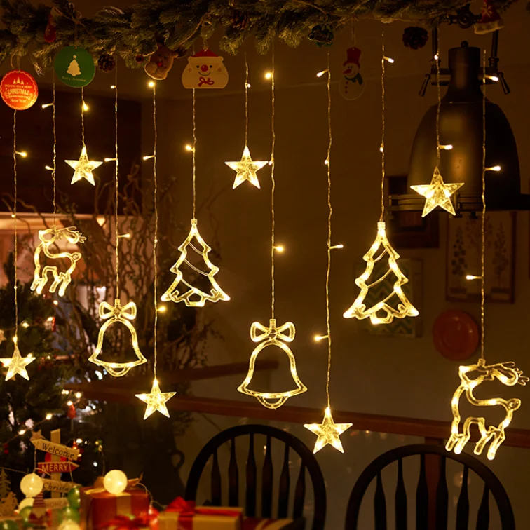 220v/110v Christmas Bell Tree Star Reindeer Christmas Curtain String Light Xmas New Year Holiday ...