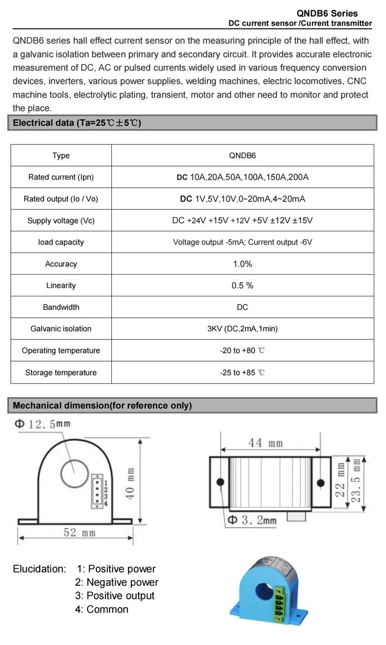 Closed Loop Hall Effect Current Sensor Qndb6 Input Dc 10a 20a 50a 100a ...