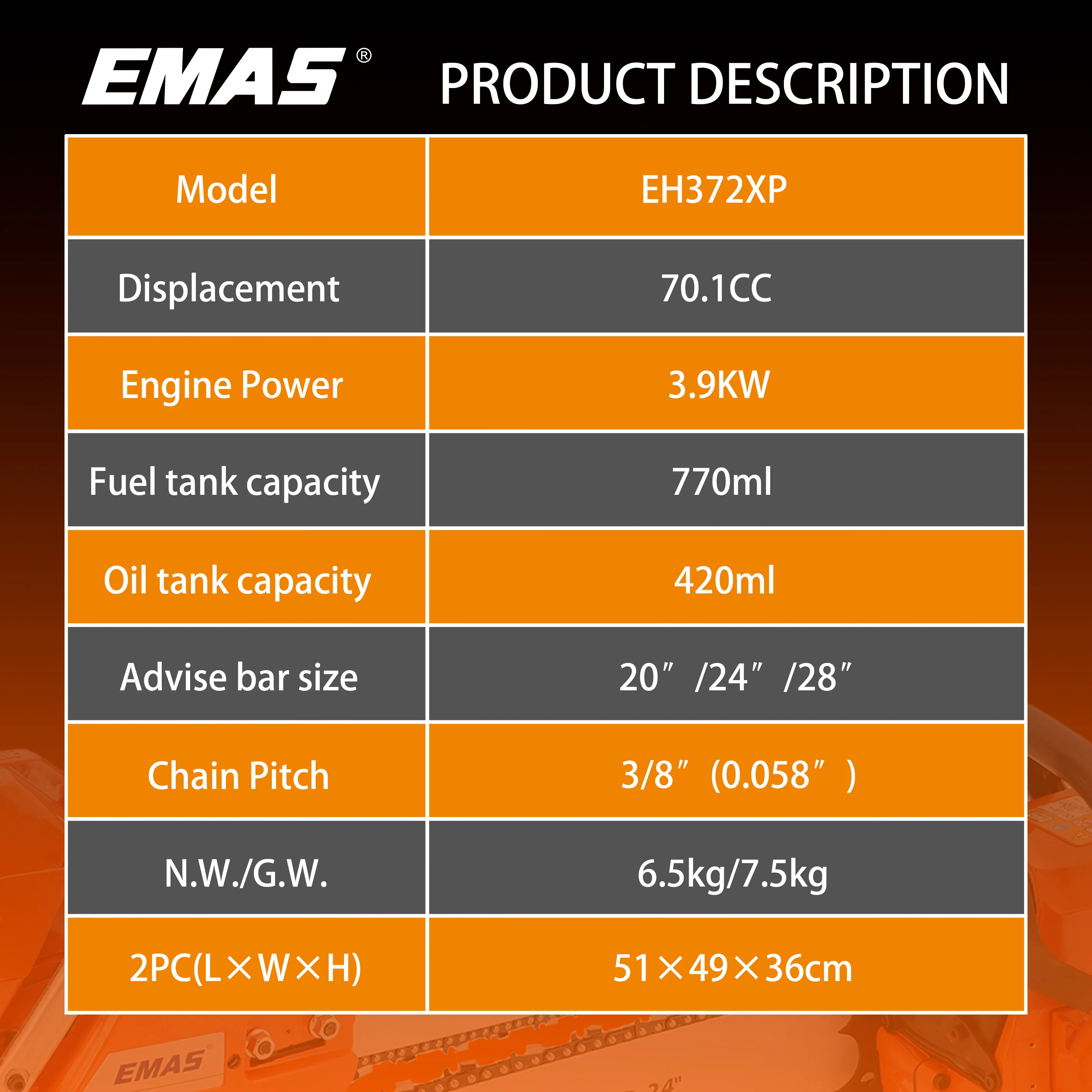 EMAS HUS 70cc 2 Stroke Petrol Chainsaw - 372XP Power & Precision