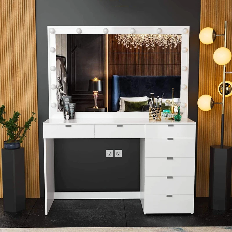 White Luxury Dressing Makeup Table Vanity Mirror Drawer Organizer With ...