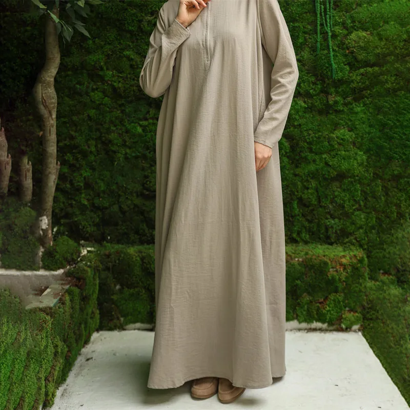 Custom premium muslim women linen abaya dress full sleeve solid color ...