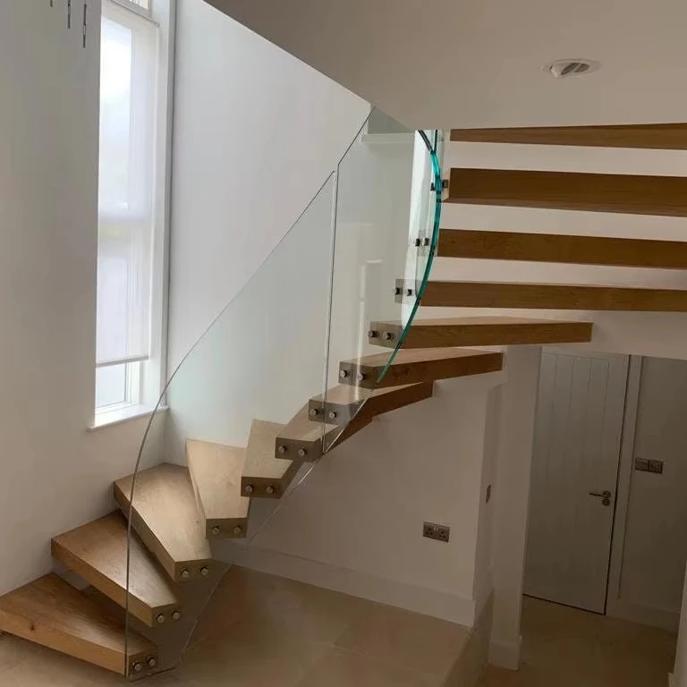 Cbmmart 2024 Indoor Solid Wood Curved Staircase Wood Step Glass Rails ...