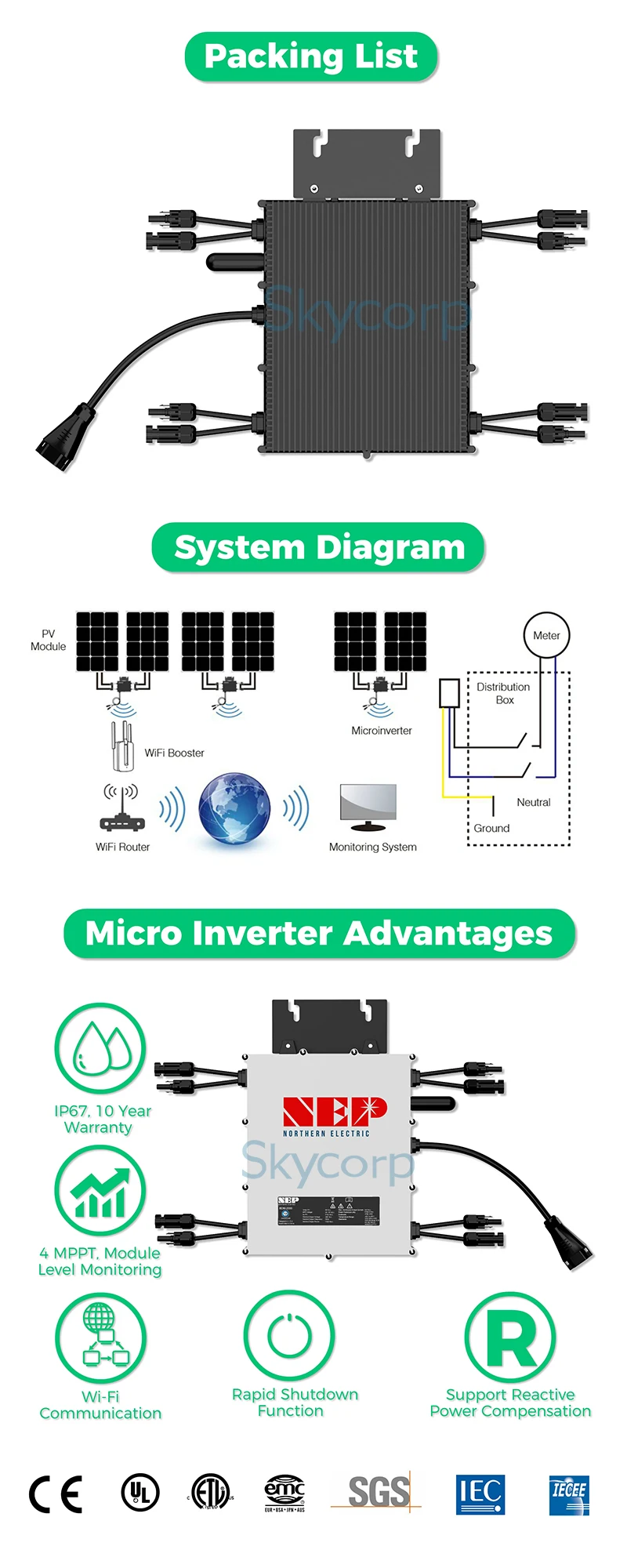 Waterproof Nep Micro Inverter 110v 230v 2000W Solar System