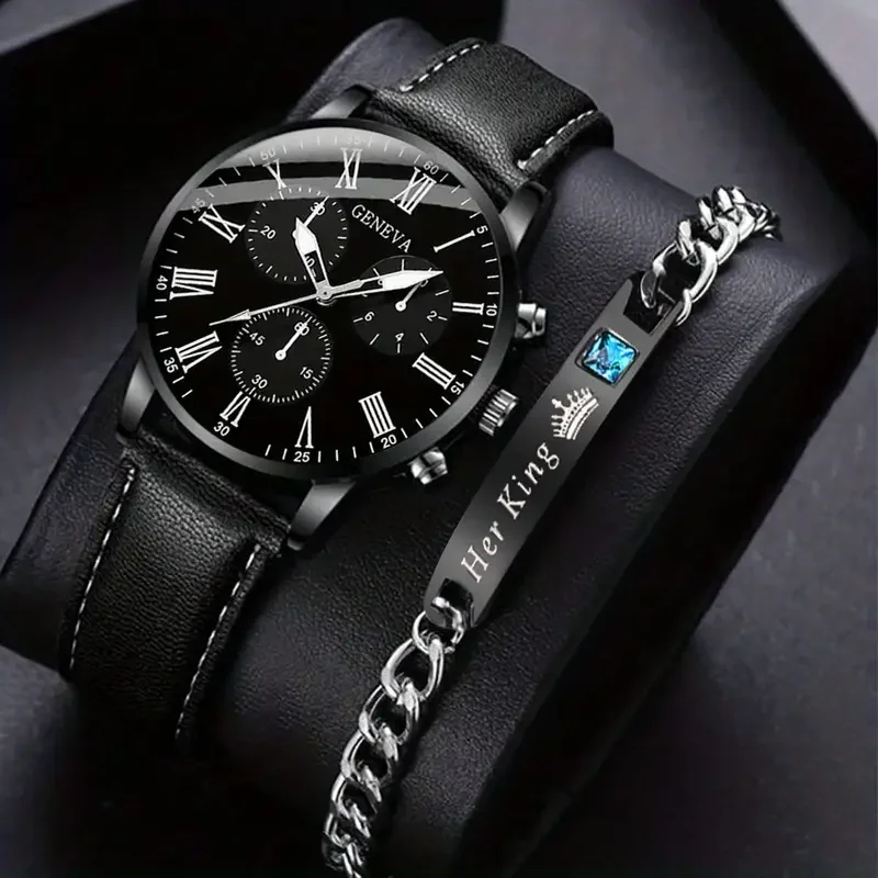 6258 2 pcs / set black mens Quartz Watch with Bracelet Fashion Men ...
