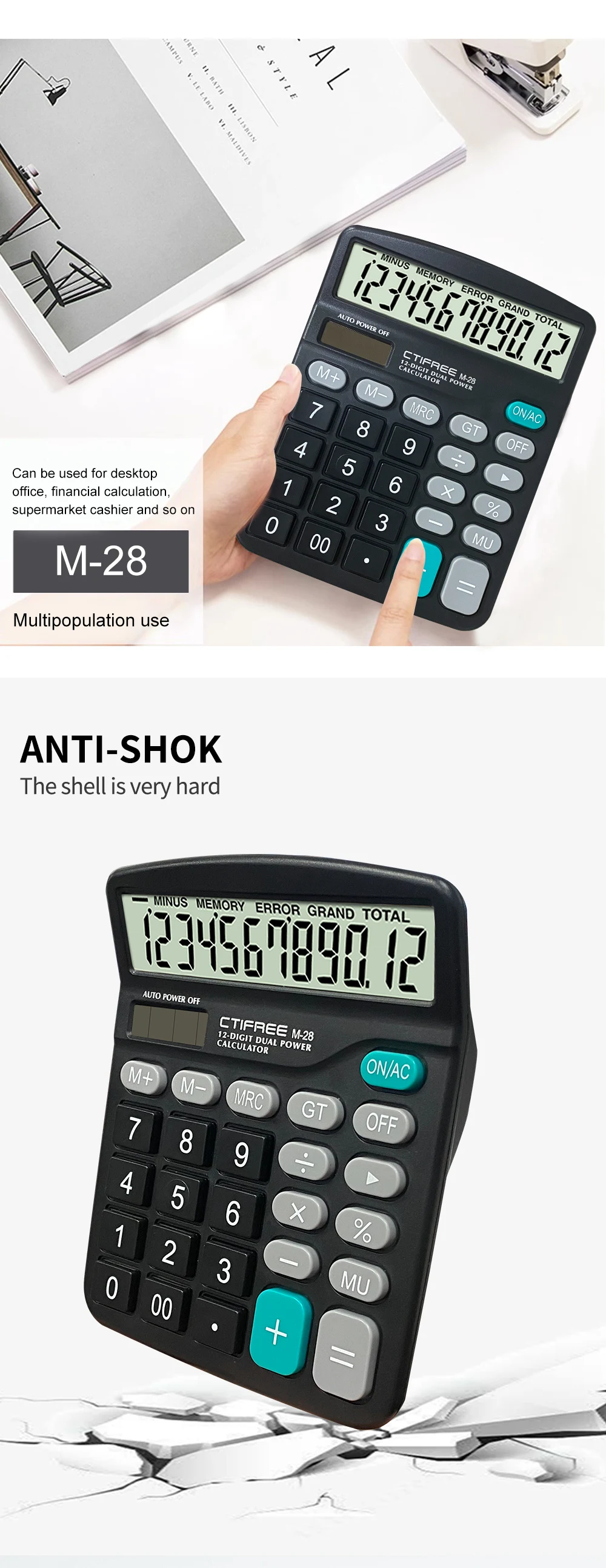 12 Digits Two Way Power Calculators Office Electronic Bare Solar Cell M ...