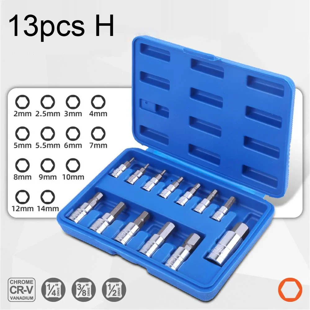 13pcs Star Torx Hex Bits Socket Set T8-t70 H2-h14 Crv Sockets 1/4inch 3/8inch & 1/2inch Drive ...