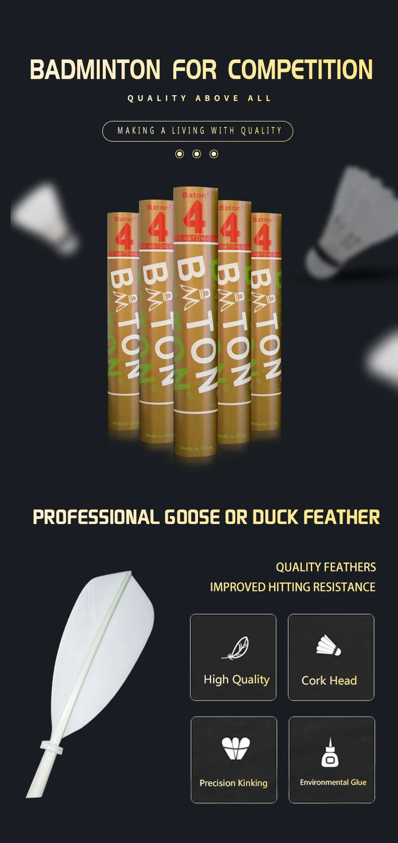 Baton BT-NO.4 Badminton Shuttlecock - Professional Duck Feather Birdie ...