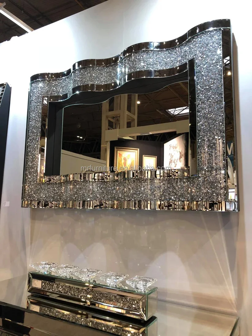 Diamond Crushed Filled Glass Mirror - Unique Wave Style