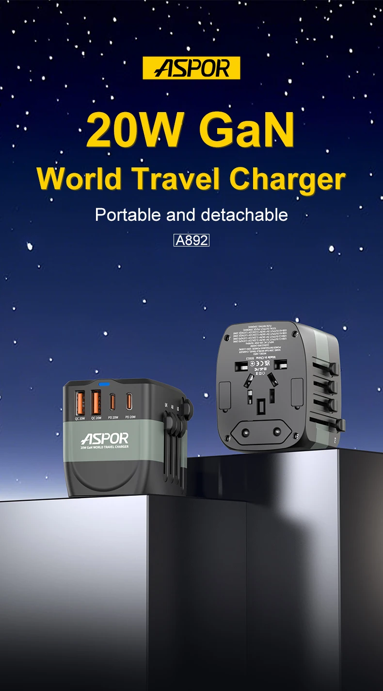 ASPOR A892 World International Travel Plug Adapter 20W Pd QC Dual USB-C ...
