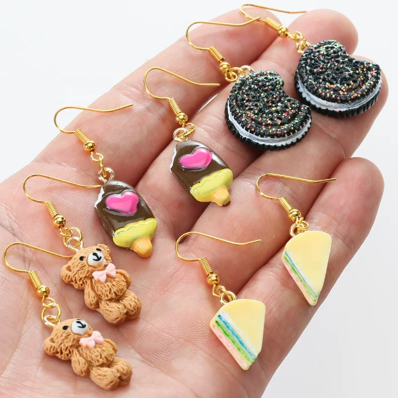Fashion Lovely Simulation Food Resin Pendant Earring Cute Girls Gift Resin Bear Ice Cream Charms Earring DIY Handmade Ear Hook Alibaba