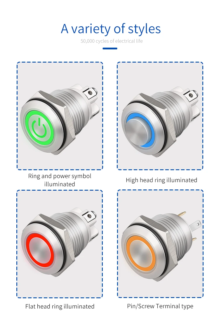 Flat Ring Illuminated Power Symbol Metal 16mm Stainless Steel Momentary ...