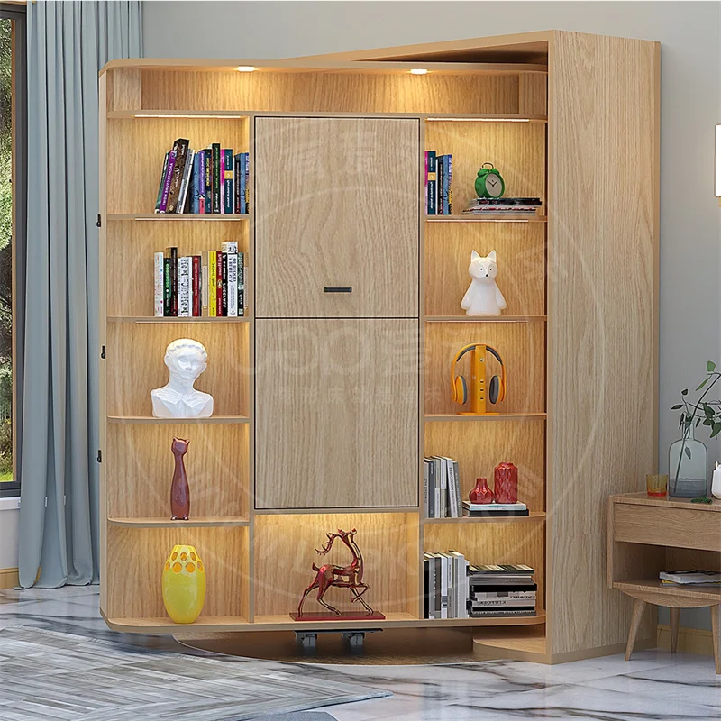 Hidden Wall Bed Folding Rotating Bed Bookshelf Murphy Bed With Wardrobe ...