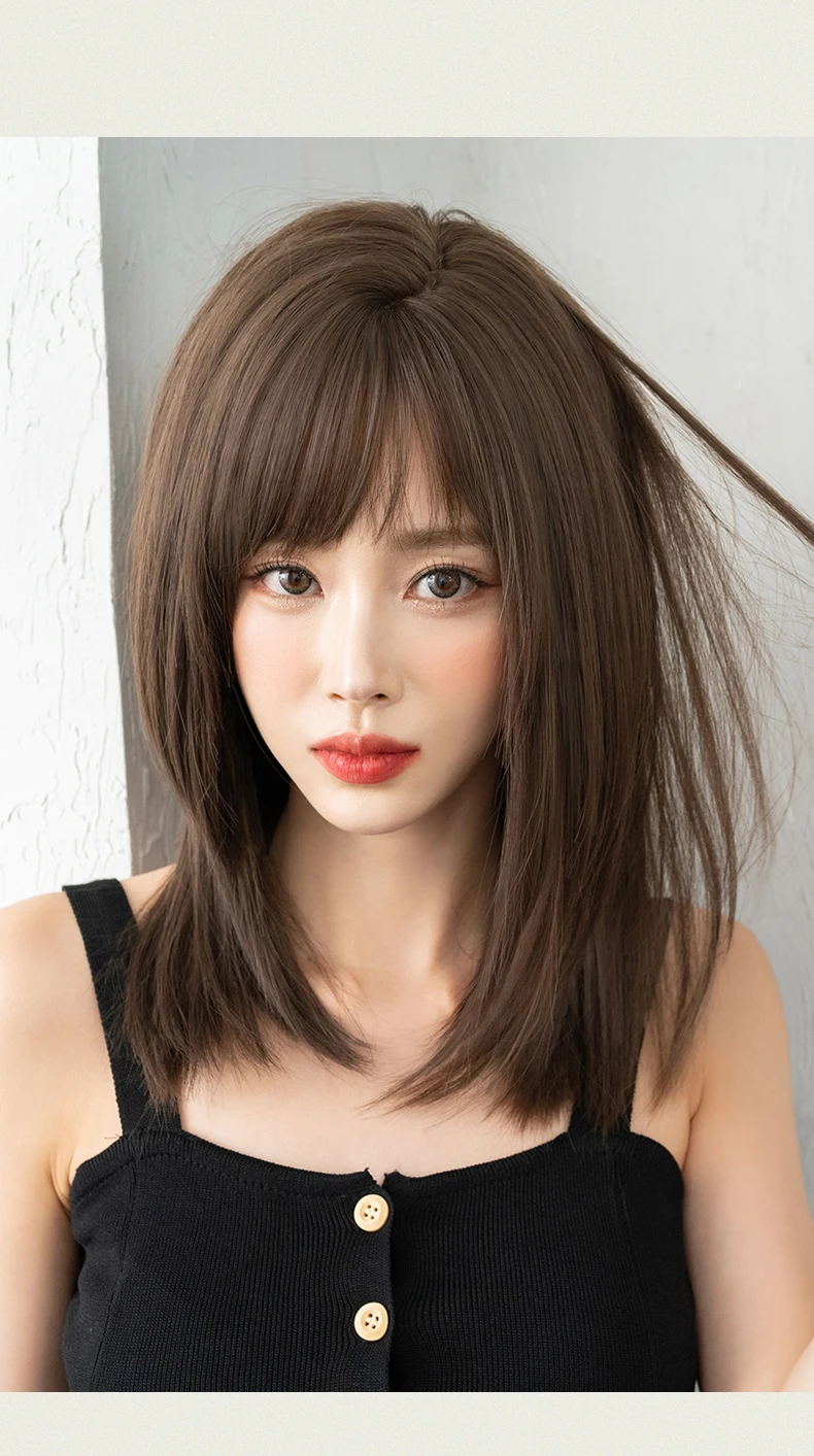 Asian Wig Brown Synthetic Wig with Bangs - Ombre Beauty