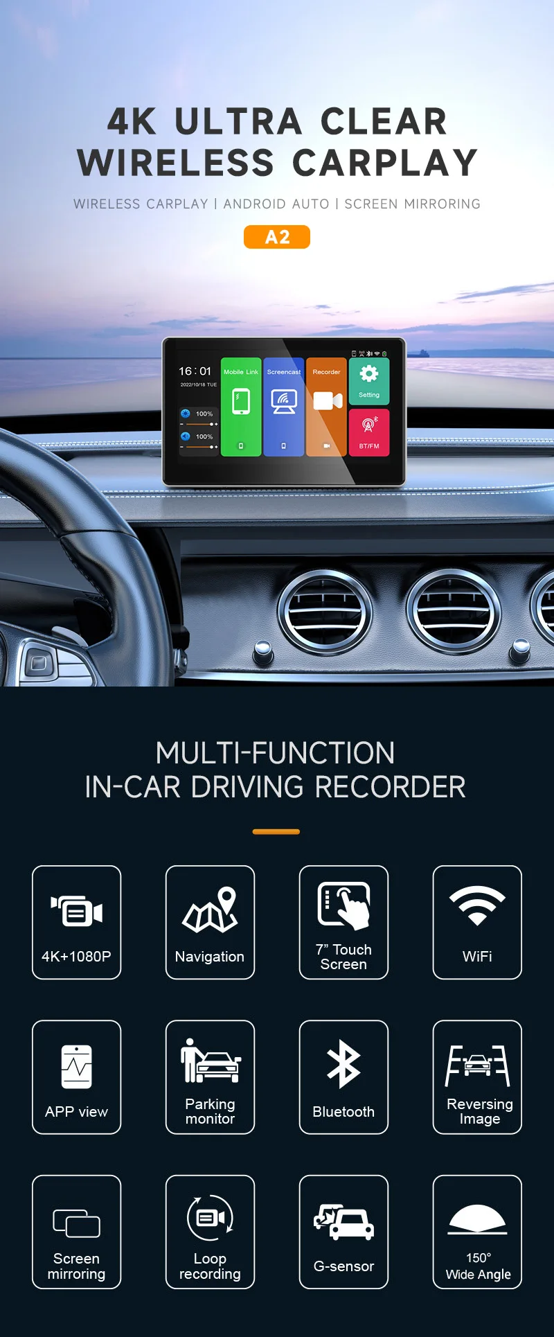 Universal Touch Screen Car Portable Wireless Drive Play 4K