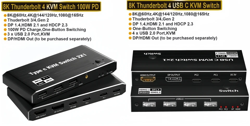 8K Thunderbolt 4 USB C KVM Switch - 4k@120hz & Fast Charging