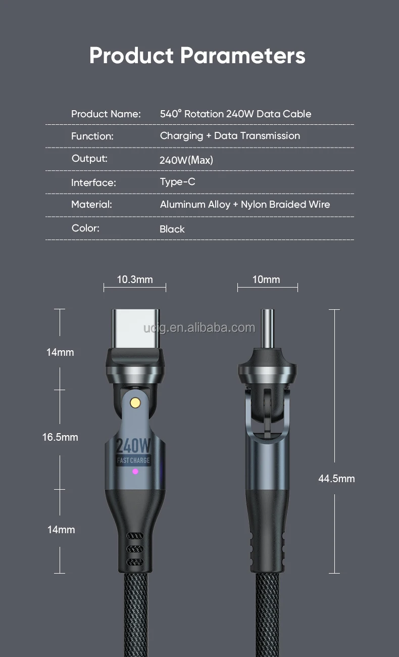 Double 540 Rotation C to C Data Cable | PD240W 5A Quick Charging USBC ...